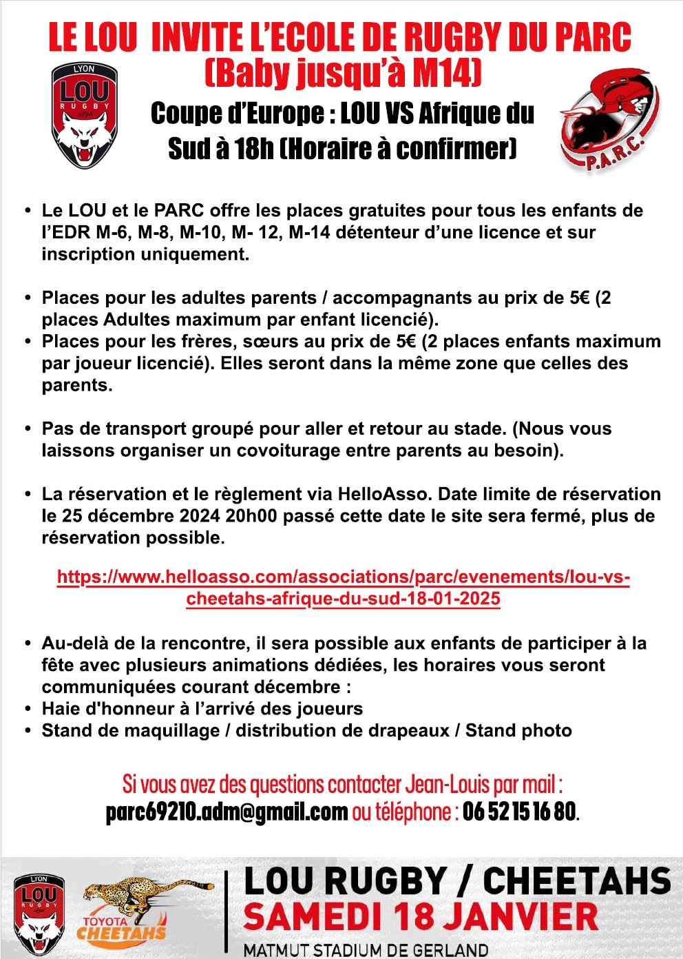 Le LOU invite Ecole de Rugby du PARC - Pays de L'arbresle Rugby Club