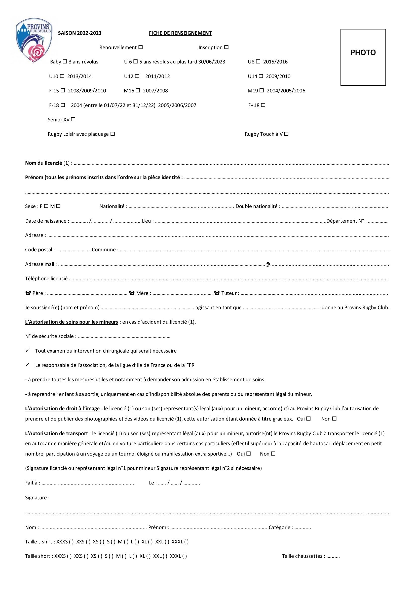 Inscription - Provins Rugby Club