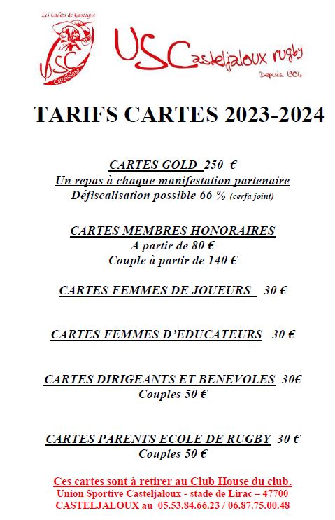 Tarifs des cartes abonnés saison 2023/2024
